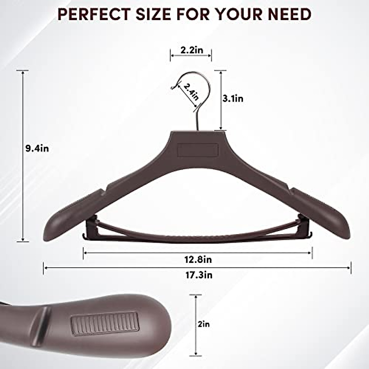 DEDU Plastic Extra Wide Shoulder Suit Hangers for Men 20 Pack Width 17.3", Brown Sweater Hangers no Shoulder Bump Non Slip for Thick Sweaters, Clothes Hangers with Pants Bar 360° Swivel Metal Hook