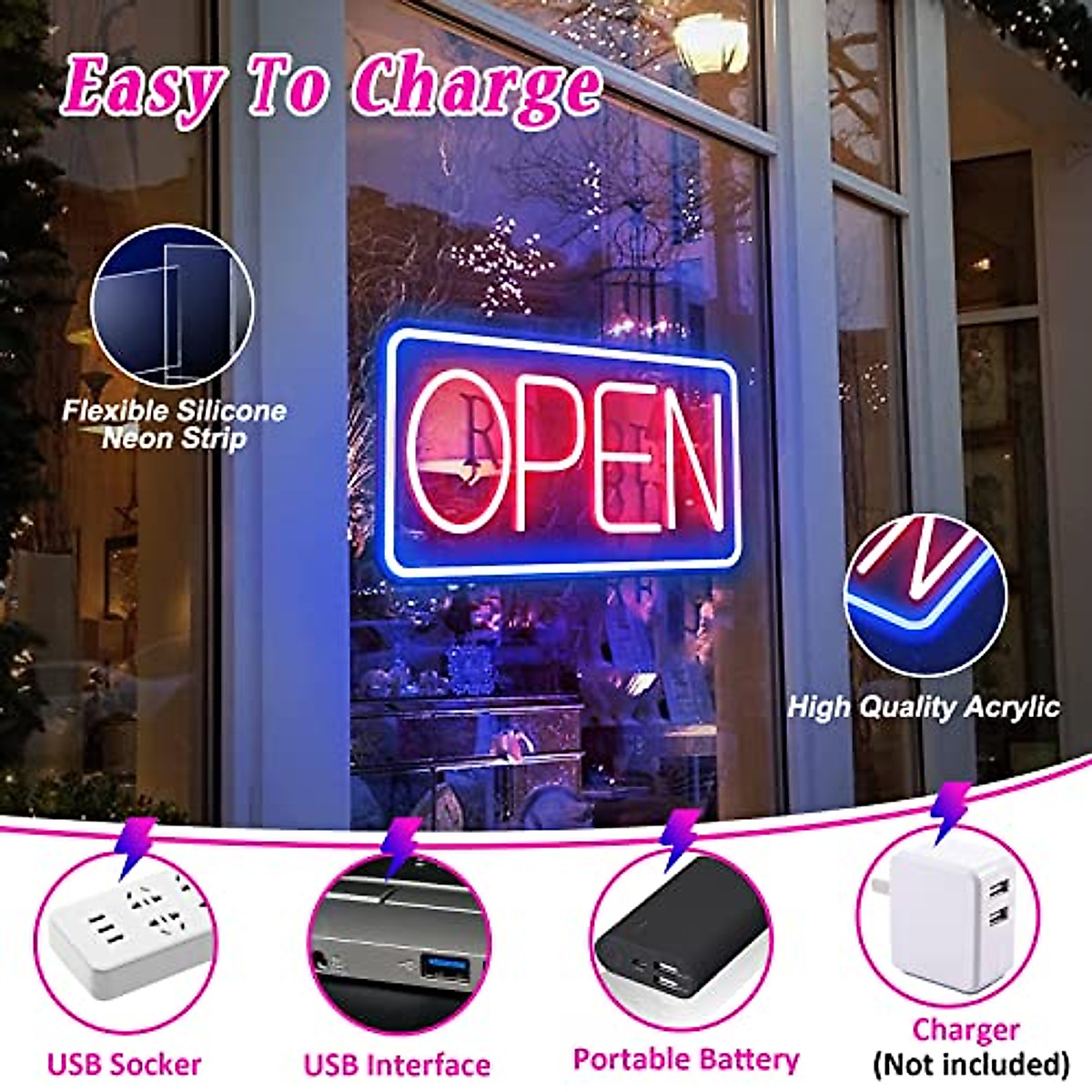 Sugarneon LED Neon Open Sign, 16.5"x 9" Open Sign for Business, Powered by USB with ON/OFF Switch, Adjustable Brightness Neon Lights for Party Bar Salon Stores Hotel Wall Decor Neon Light Sign（Blue/Red-Horizontal）