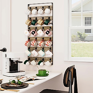 IBUYKE Mug Racks for Wall,Set of 3, 24-Hook Large Mug Rack Wall Mounted, Rustic Wood Coffee Mug Display Organizer for Kitchen, Home,Bar, Coffee Station,Greige UTBJ005Y-3