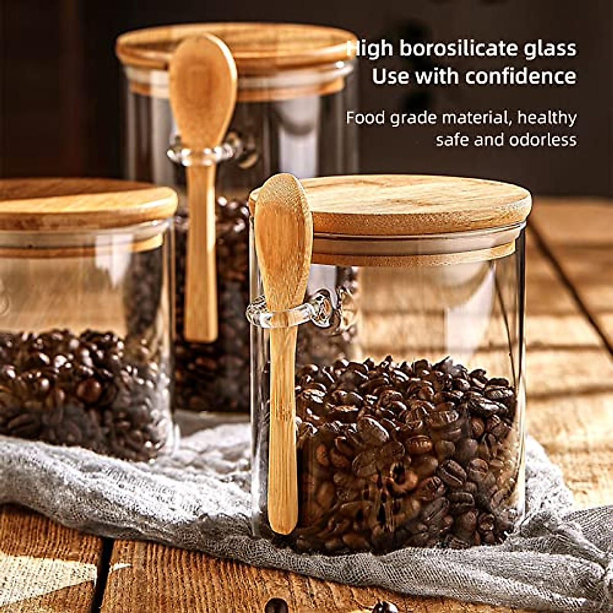 LUZLED Set of 3 Airtight Glass Jars with Bamboo Lids and Spoons, 16oz Glass Storage Containers with Lids Clear Food Storage Containers Food Jars Canisters for Kitchen Sugar Salt Coffee Beans