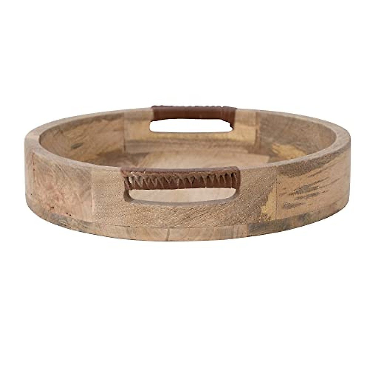 Creative Co-Op Mango Wood Tray with Leather Wrapped Handles, Natural Serveware, 16" L x 16" W x 3" H
