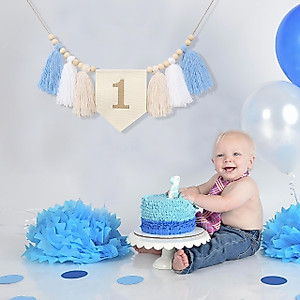 HGFC Embroidery Tassel High Chair Banner - Wood Bead Tassel 1st Birthday Banner - Sky Theme First Birthday Party Decoration - Birthday Baby Boys Tassel Garland - Birthday Cake Smash Backdrop Banner