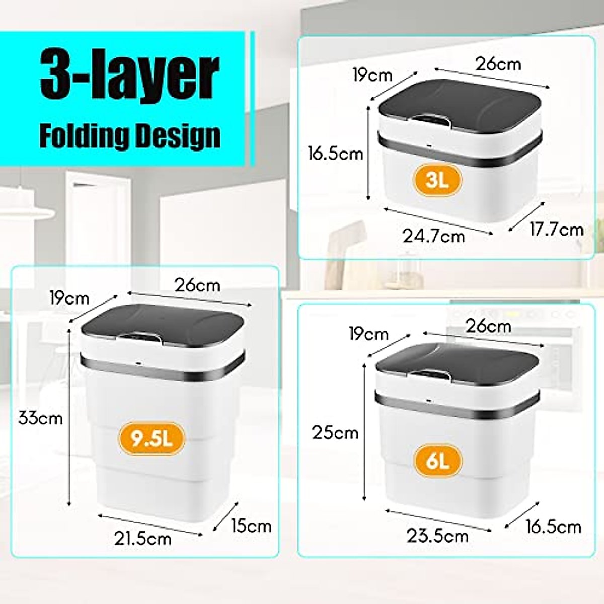 PENCHEN Auatic Toucess Infrared Motion Sensor Trash Can 3-Layer Folg Garbage Can Max. 9.5L ty Built-in Battery with USB Charging Cable