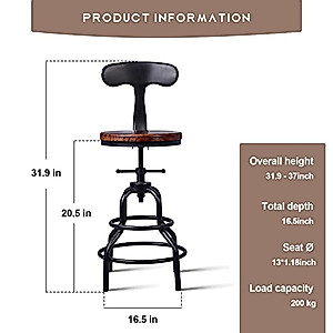 Diwhy Industrial Vintage Bar Stool,Kitchen Counter Height Adjustable Pipe Stool,Cast Iron Stool,Swivel Bar Stool,Metal Stool,27 Inch,Fully Welded Set of 2 (Iron Backrest)