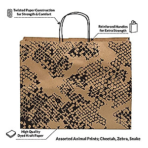 Brown Paper Gift Bags - 16x6x12 Inch 50 Pack Brown Animal Print Large Bags with Handles, Cheetah, Zebra, Leopard, for Shopping, Small Business, Retail Stores, Boutiques, Merchandise, Parties, Events