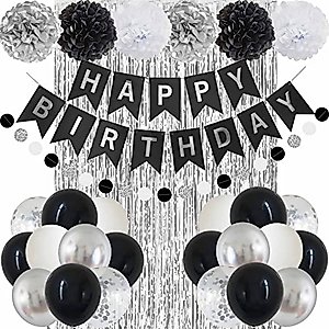 ANSOMO Black and Silver Happy Birthday Party Decorations Banner Balloons Women Men Boys Girls Him Her 13th 15th 16th 18th 20th 21st 25th 30th 35th 40th 45th 50th