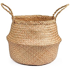 VILSSOVY Seagrass Plant Basket, Wicker Woven Laundry Basket, Basket Planter for Plants Indoor, Large Wicker Plant Baskets, Seagrass Baskets for Plants(15.75" Diameter x 13.39" Height)