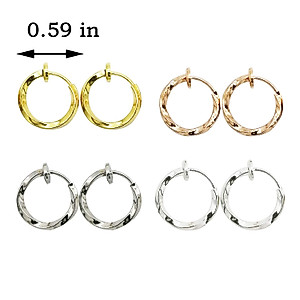 LAXPICOL Twisted Clip On Earrings Gold Silver Grey Rose Gold 4PCS 0.59IN(15mm) Stainless Hoop Earrings Clip On Earrings for Women No Piercing