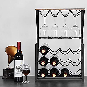 MOOACE Wood Wine Rack, Countertop Wine Storage Stand, Hold 12 Wine Bottles and 8 Glasses, Freestanding Wine Holder Stand for Kitchen, Pantry, Cellar, Bar