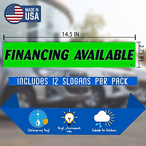 Versa Tags Windshield Slogan Stickers 12 Pack Each of ONE Owner, 3RD Row Seating, WE Finance, FINANCING Available, Warranty (60) Window Stickers Total Dealership Stickers Black On Green