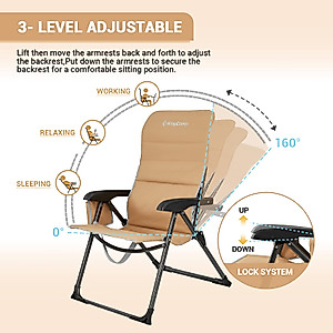 KingCamp Reclining Camping Folding Chair, Padded Lumbar Support Heavy Duty High Back Adults Chairs with Carry Strap Pocket for Garden Lawn Patio Outdoor Camp