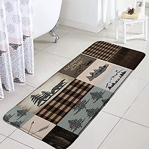 2Pcs Rustic Cabin Kitchen Mat Retro Lodge Bear Moose Deer Mountain Forest Farmhouse Buffalo Plaid Country Hunting Soft Non-Slip Mat Absorbent Carpet Bath Rugs Floor Decor 15.7”x23.6”+15.7”x47.2”