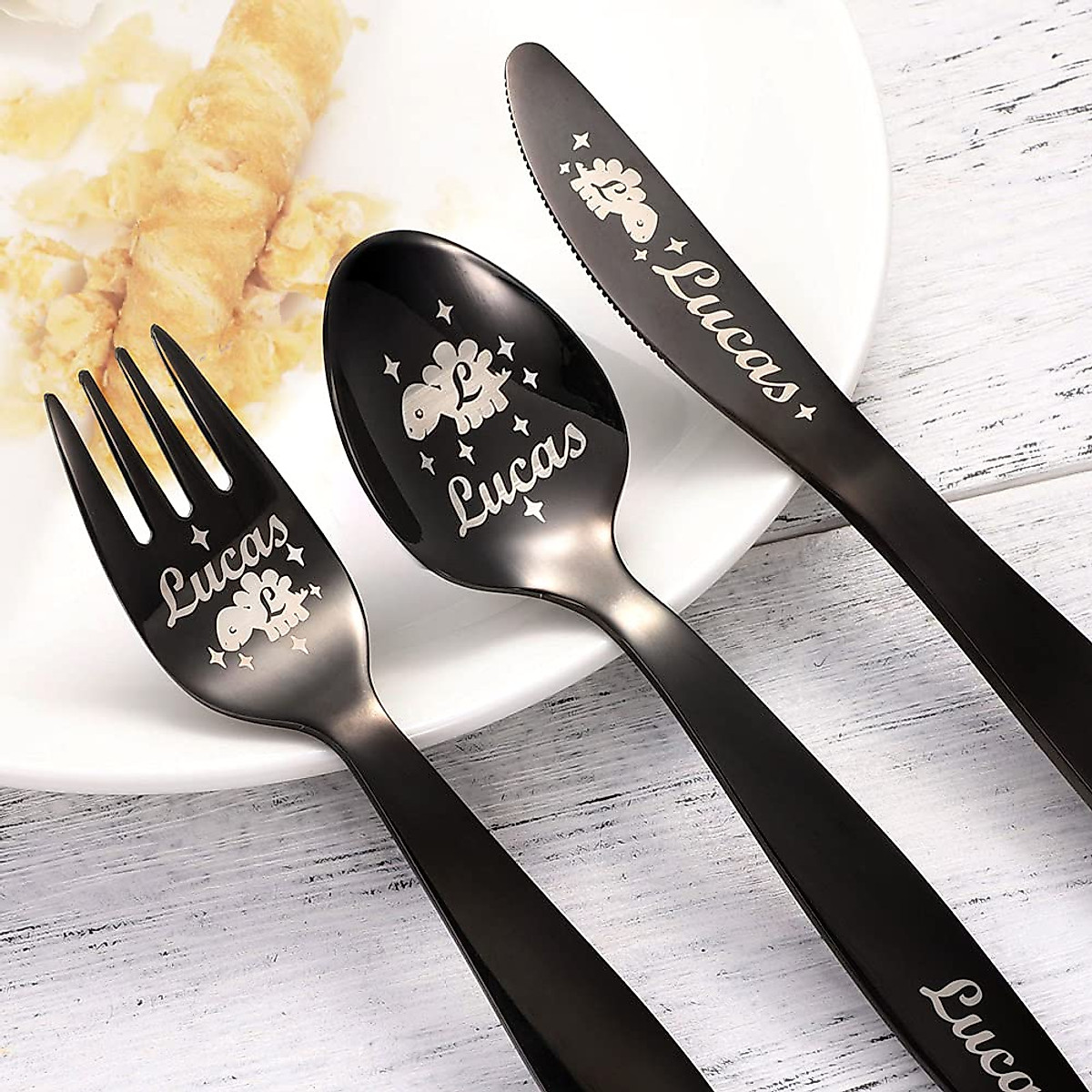 Personalized Dinosaur Unicorn Cutlery Set - Custom Name Engraved Spoon Knife Fork Set - Children's Stainless Steel Cutlery Set for Kitchen Kids