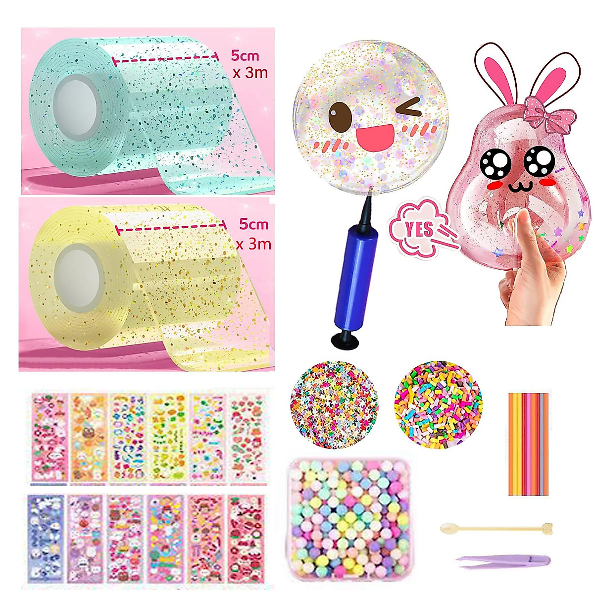 2 Pcs Nano Tape Bubbles Kit，(9.84ft × 2inch) Pink + Yellow Big Nano Tape Kit Toy with Glitter and Inflator，Tape Magic Plastic Bubbles Balloon, Nano Tape Elastic Bubble Craft Kit, Party Birthday Gift