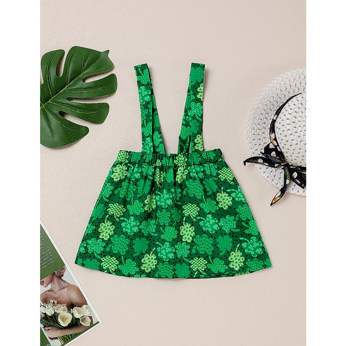 Baby Girls St.Patrick's Day Outfits Toddler Girls Ruffle Sleeve Shirts Shamrock Clover Suspender Dresses