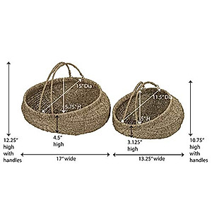 Household Essentials Brown Set of 2 Small Woven Wicker Storage Baskets with Handles | Natural Seagrass
