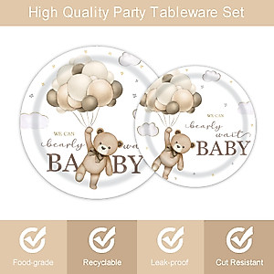 We Can Bearly Wait Bear Baby Shower Party Supplies Serves 24, Includes Plates, Napkins, Forks, Brown Nude Party Tableware Set for Boy Girl, Total 96PCS