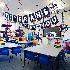 Realspring 147 Pcs Happy Veterans Day Party Decorations, Blue Red White Balloon Garland Arch Kit, Thank You Veterans Banner and Swirls Set for Thank You Veterans Party, Patriotic Party Supplies