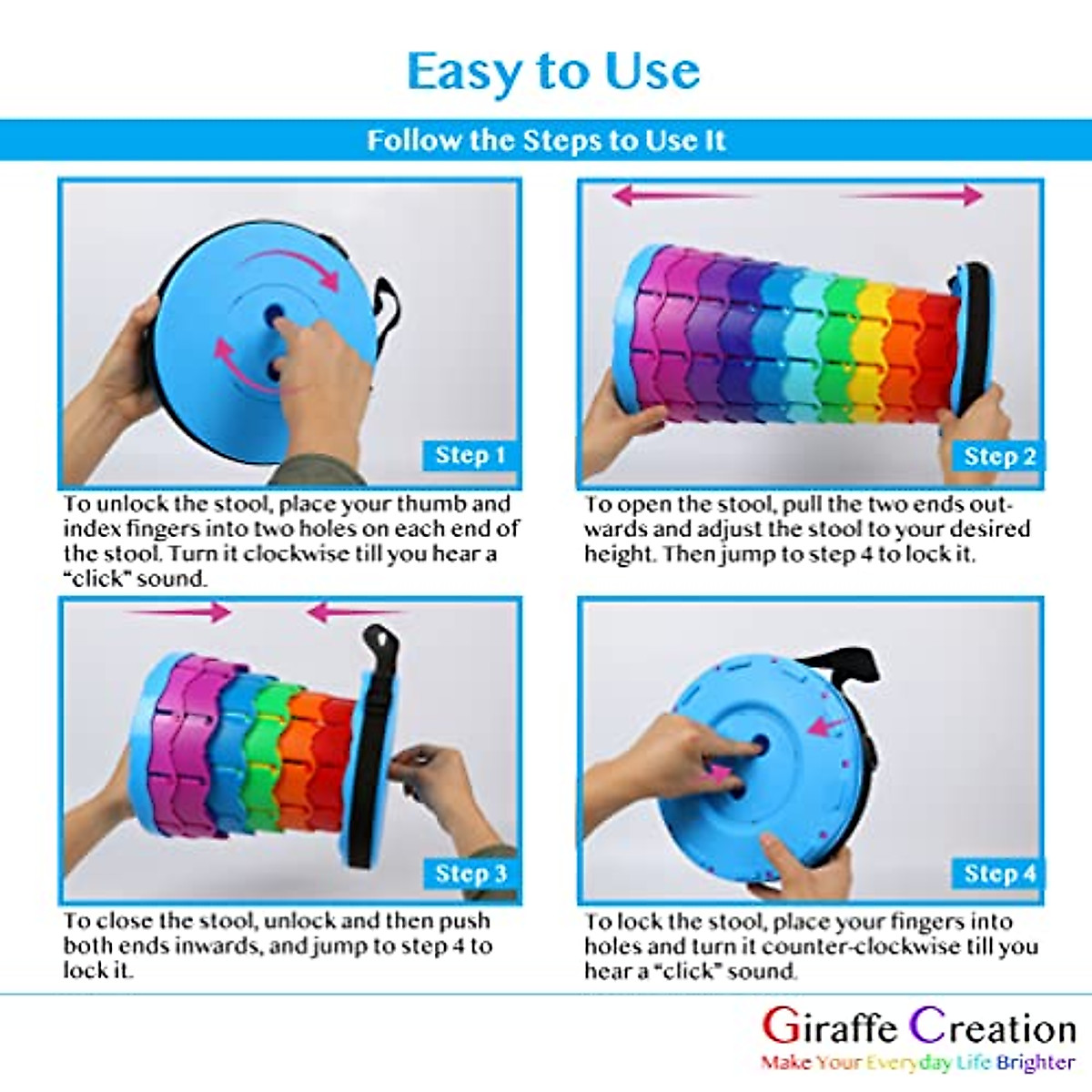 Giraffe Creation Upgraded Folding Stool, Heavy Duty Collapsible Telescoping Stool with Load Capacity 400lbs, Portable Retractable Stool for Camping Fishing Hiking BBQ, Rainbow