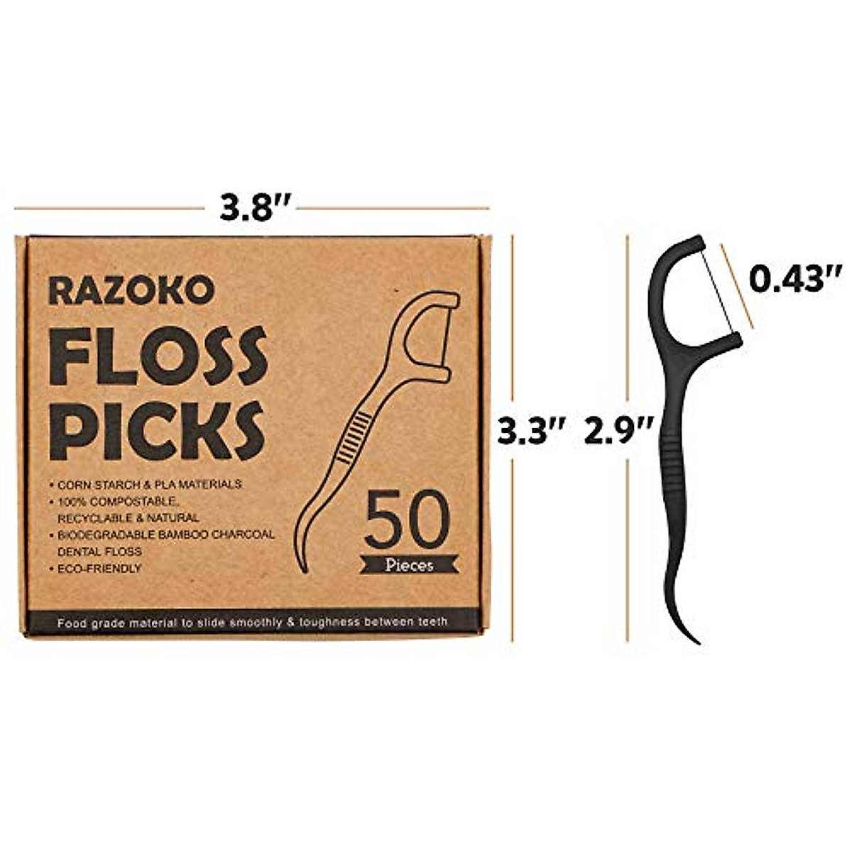 Natural Dental Floss Picks High Toughness Charcoal Toothpicks Sticks-Vegan,Eco-Friendly Sustainable Flossers for Teeth Cleaning (400 Count)