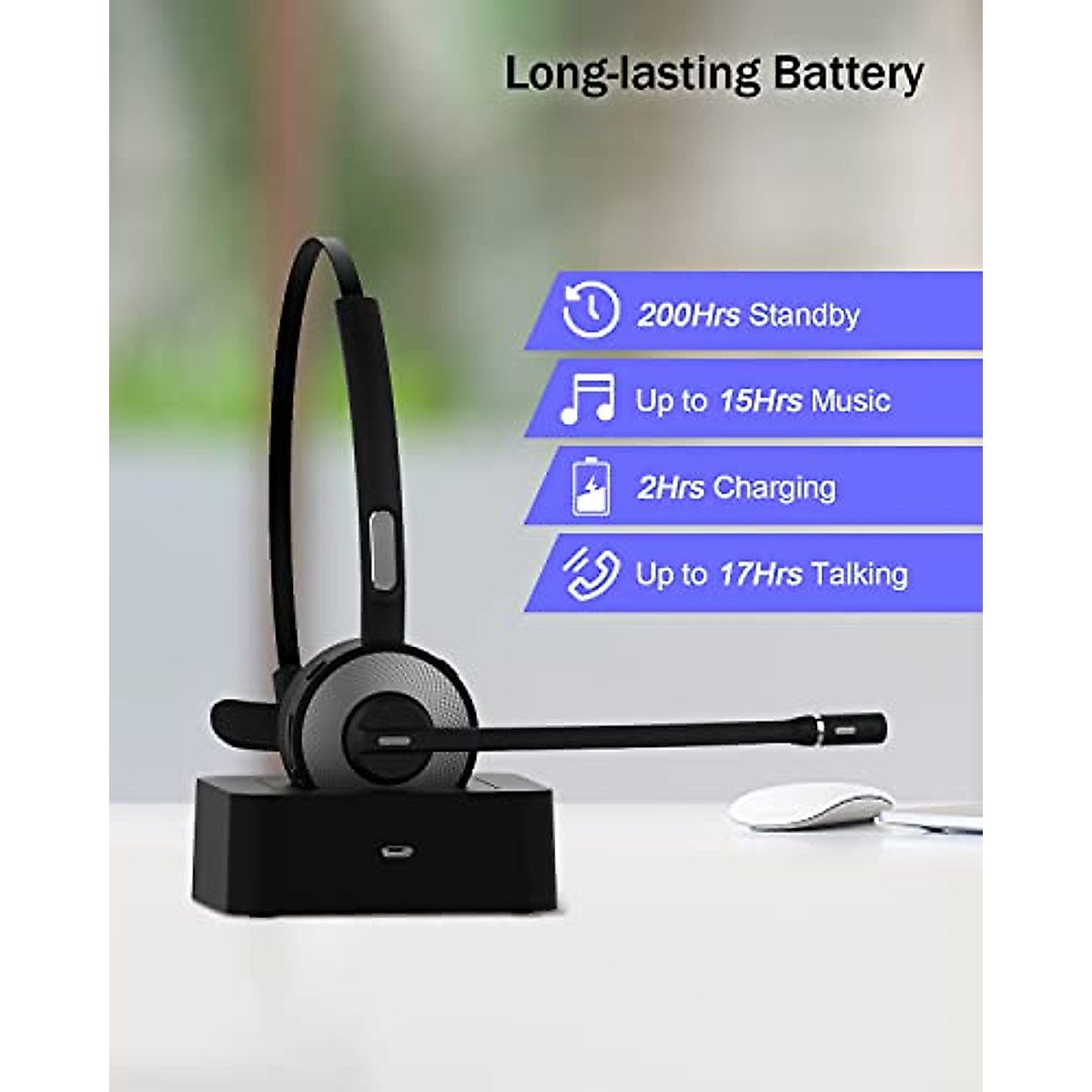 ASIAMENG Bluetooth Headset with USB Dongle/Adapter, Single-Ear Wireless Headset with Noise Cancelling Microphone Mute Key Charging Base/Stand for Computer PC Laptop Cell Phones Trucker Office Home