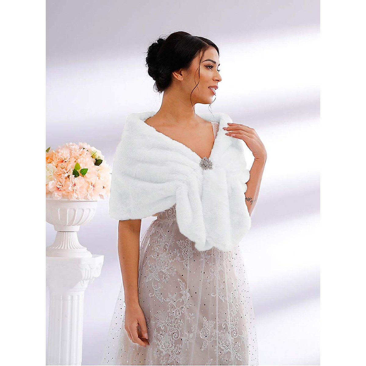 Tgirls Women's Wedding Faux Fur Shawl and Wraps Bridal Fur Stole Fur Scarf for Bride and Bridesmaids (White)