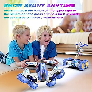 AEROQUEST Remote Control Car - Double Sided RC Stunt Car, 360°Rotating 4WD Off-Road RC Cars with Headlights& Music 2.4Ghz Indoor/Outdoor Rechargeable Toy Car for Boys Age 3-7 8-12 Birthday Xmas Gift