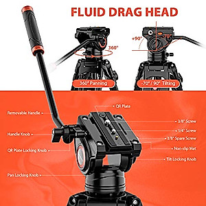 GEEKOTO Video Tripod System, 72 inches Heavy Duty Tripod, Professional Aluminum Twin Tube Tripod, K3 Fluid Head, Mid-Level Spreader, Max Loading 33 LB, 360 Degree Fluid Head for DSLR Camcorder Camera