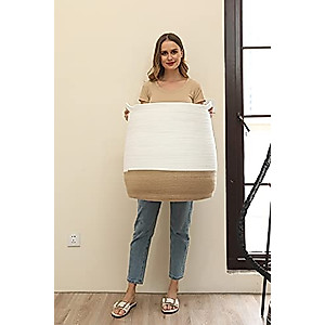 20" x 20" x 20" Extra Large Round Storage Basket, Cotton Rope Storage Baskets, Woven Laundry Hamper, Baby Toy Storage Bin, Toys Clothes Blankets Basket in Living Room, Baby Nursery, White/Jute Bottom