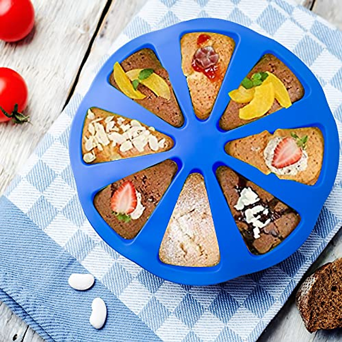 Meajore 2 Pcs Silicone Cake Scone Pan,Triangle 8 Cavity Pizza Cake Pan,Internal Diameter 4 inch Cake Pan for Brownies Muffins,Cheesecake,Cornbread Kitchen Baking Shapes (Blue)