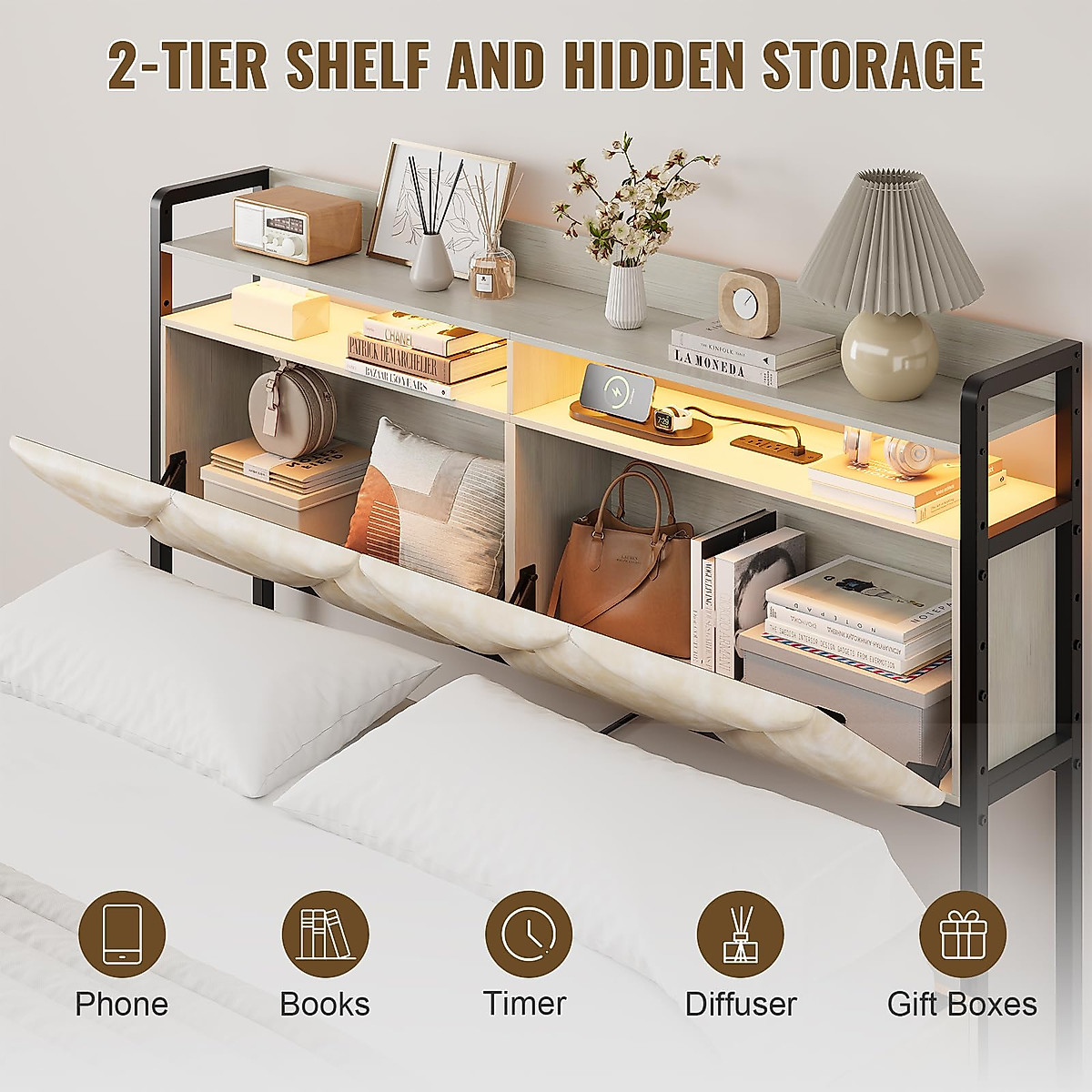 OtterOasis Headboard Queen Size with 2-Tier Open Space and Pull-Out Hidden Storage, Upholstered Headboard with Charging Station, Height Adjustable Sturdy Queen Bed Head Only, Easy Assembly, Ivory