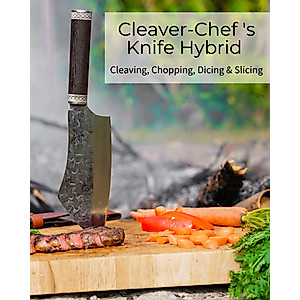 Norse Tradesman Chef & Cleaver Hybrid Knife - 7.5" Razor Sharp Kitchen Knife – Genuine Cowbone Accented Handle with Celtic Knot Engravings – Artisan Forged