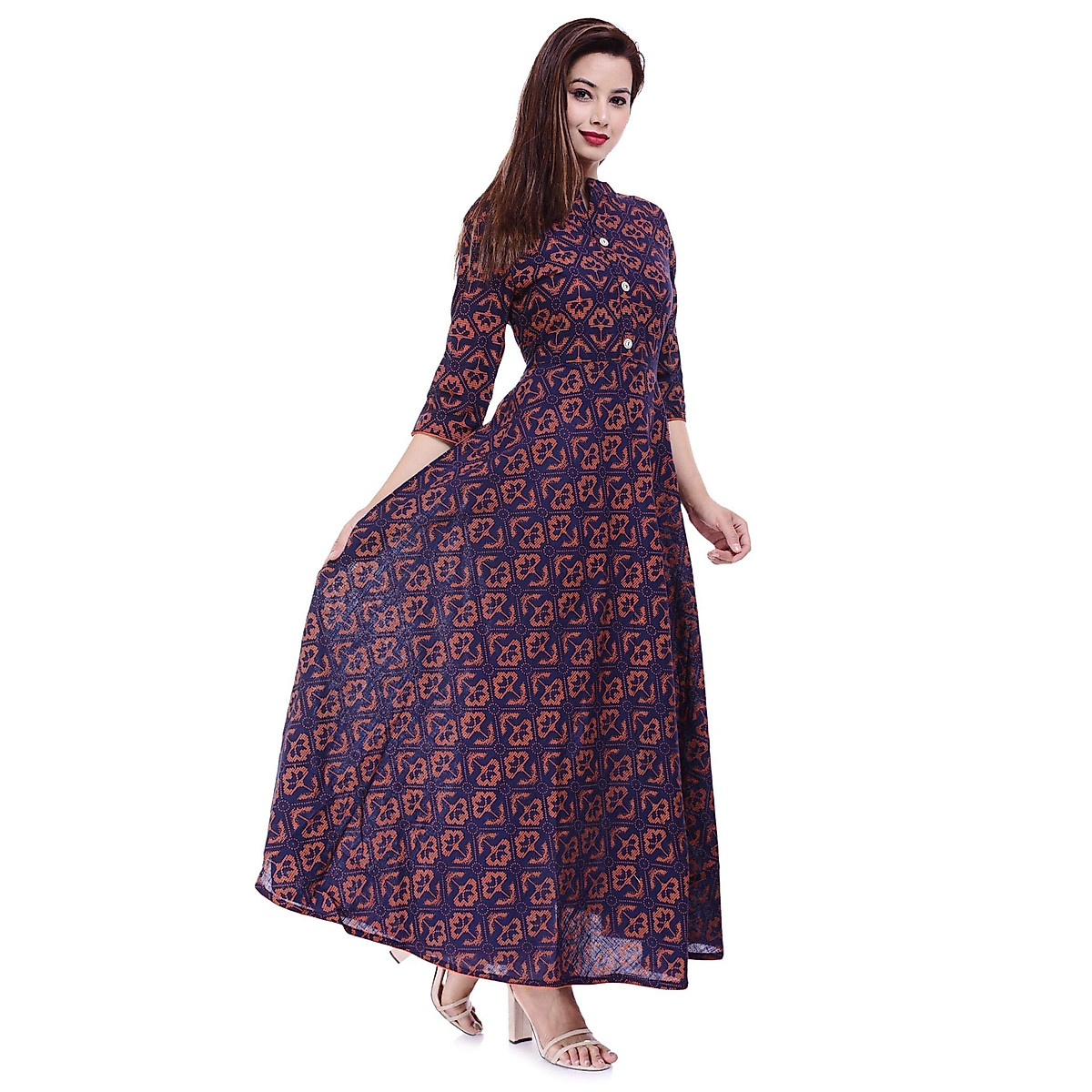 Ramkudi Indian Women's Printed Cotton Kurti Top (Blue-Brown)
