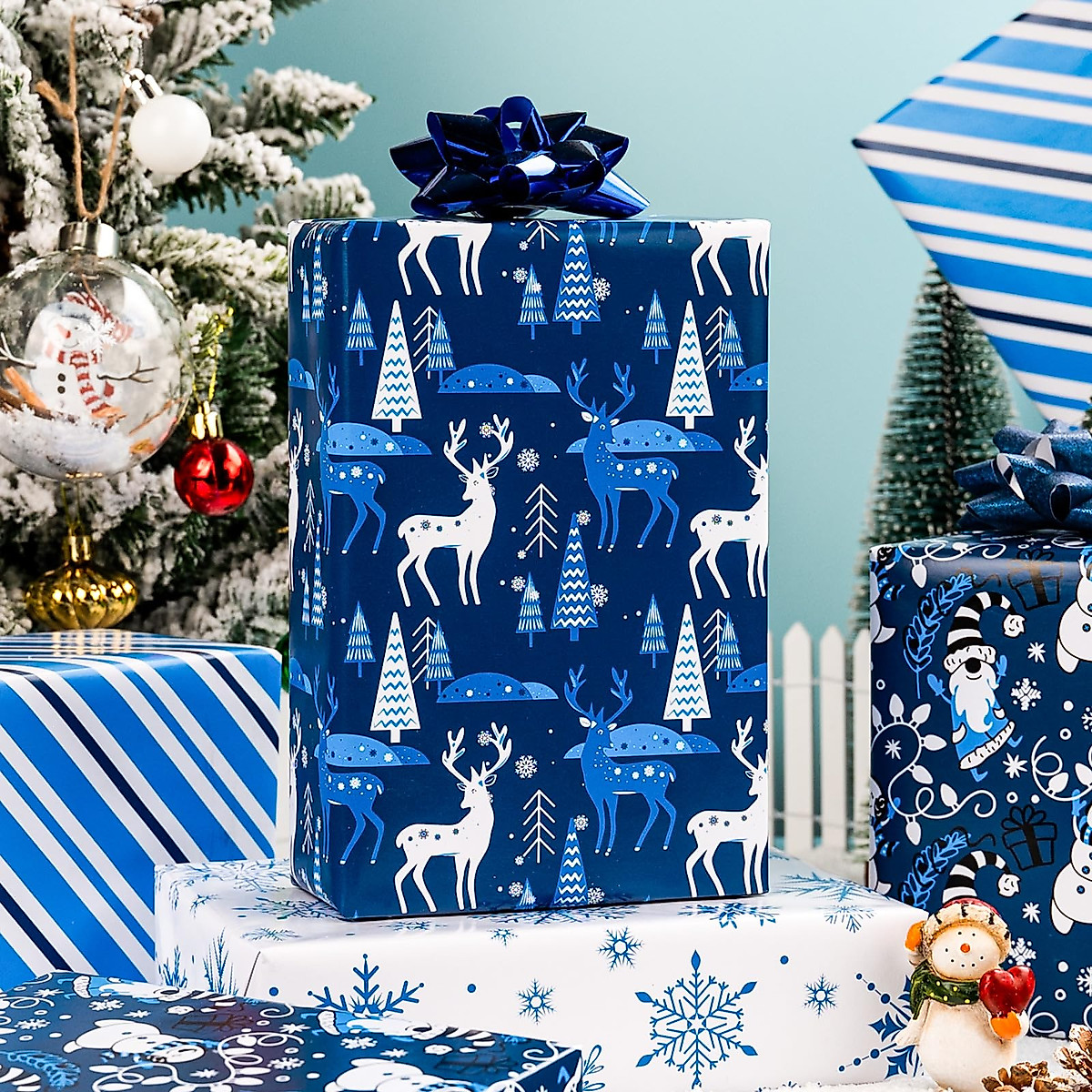 Flyhill Jumbo Christmas Wrapping Paper Bundle with Gridlines-30 In X120 In-4 Roll-Snowmen & Santa Claus & Snowflakes & Reindeer & White Stripes & Tree for New Year,Birthday,Holiday