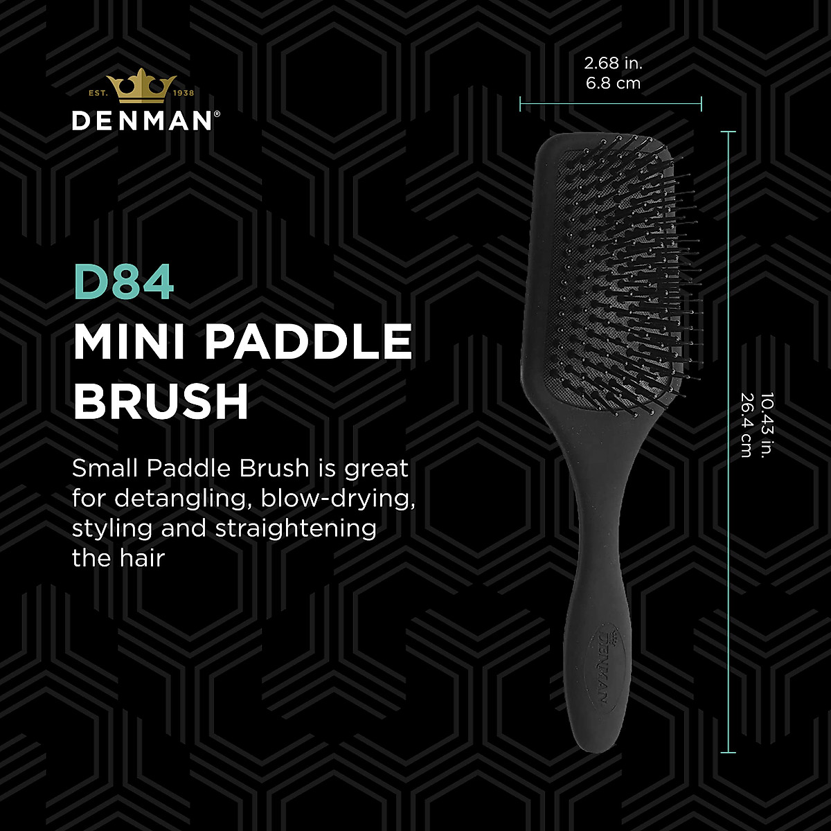 Denman (Black) Mini Paddle Cushion Hair Brush for Blow Drying, Detangling & On the Go Travel - Comfortable Styling, Straightening & Smoothing - For Women and Men, D84
