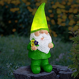 Exhart Solar Green Woodland Garden Gnome Statue, LED Hat, Durable Resin, Cute Yard Décor, 5”x5 x11