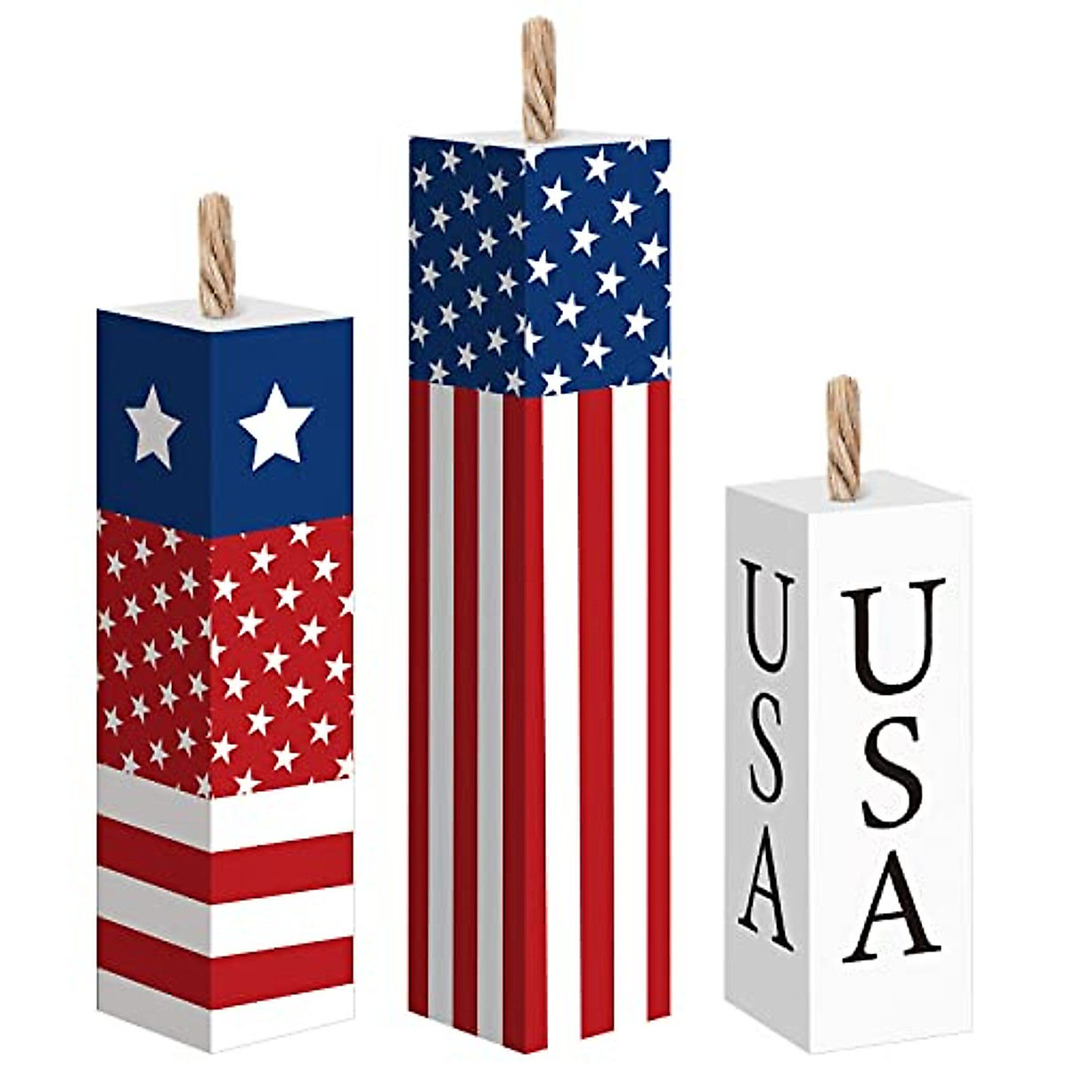 3 Pieces 4th of July Tiered Tray Decor Wood Memorial Day Decorations Wooden Firework Patriotic Rustic Centerpieces Farmhouse Independence Day Wooden Table Decoration for Home Tables (Star)