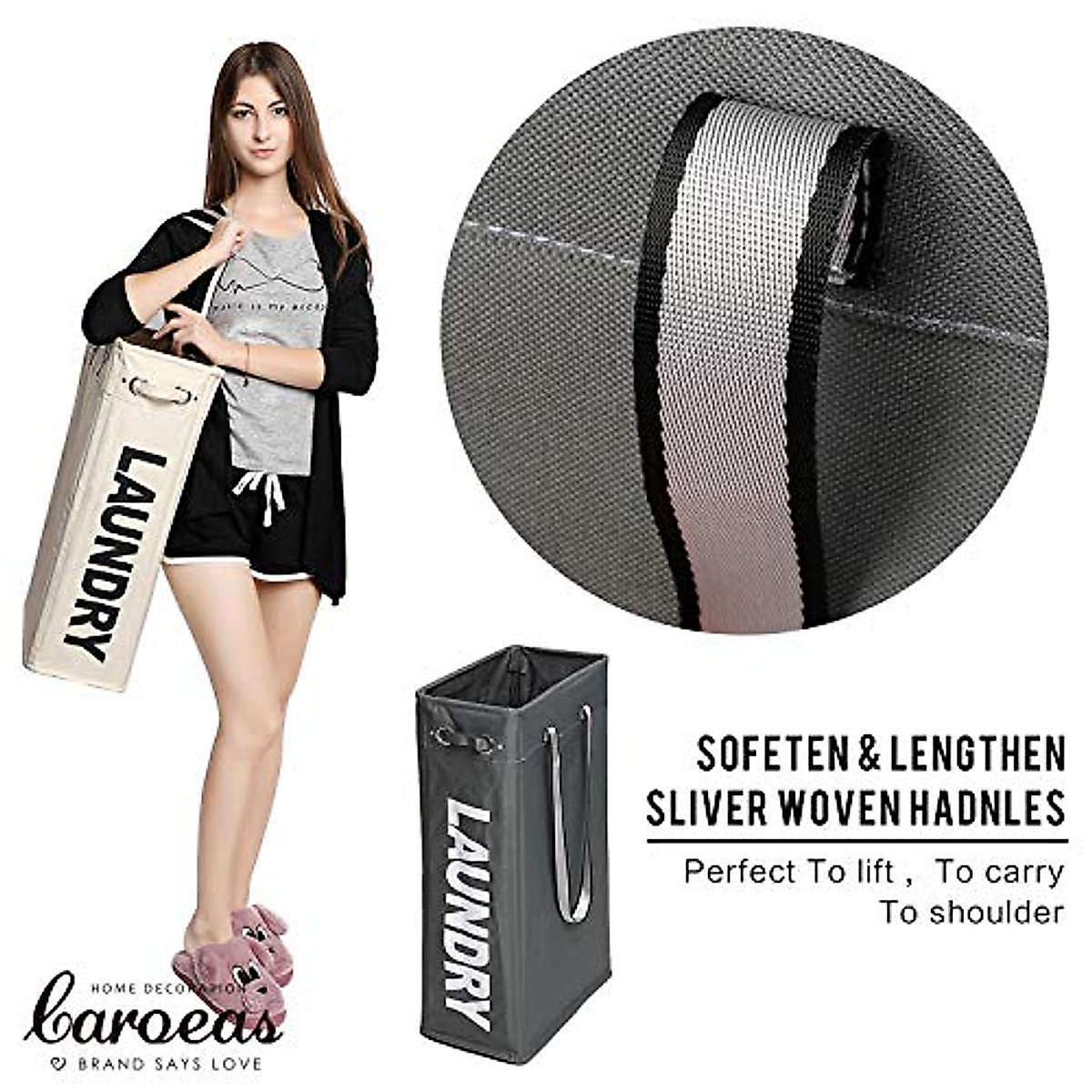 Cloth Clothes Basket, Caroeas 24" Handy Hanging Laundry Basket Tall & Slim Hamper Waterproof Laundry Bag Collapsible Travel Laundry Bag with Breathable Mesh Cover & Soft Handle Laundry Hamper (Grey1)