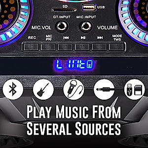 QFX PBX-1212 Bluetooth Rechargeable Dual 12” Woofer with 1” Tweeter Speaker System with Microphone Input, Guitar Input, Aux Input, USB Port, SD Card Port, TWS, Recording, FM Radio, LED Party Lights