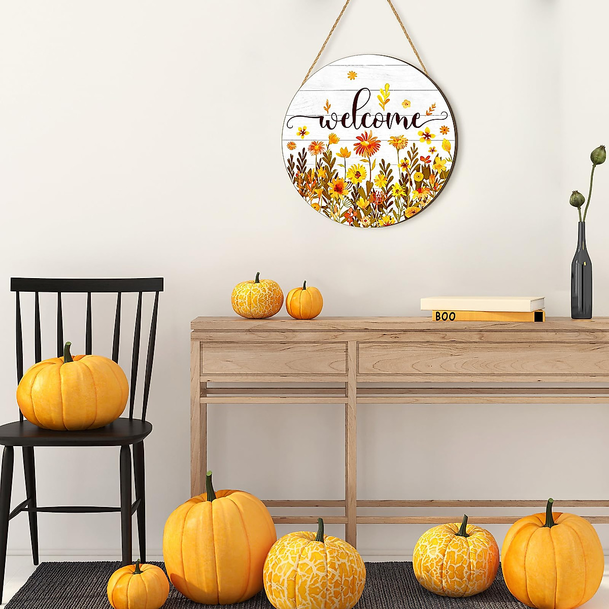 Thanksgiving Floral Door Sign Decor Hello Fall Front Door Sign Thanksgiving Floral Welcome Hanging Plaque Rustic Autumn Round Hanging Sign for Outdoor Porch Home Decoration