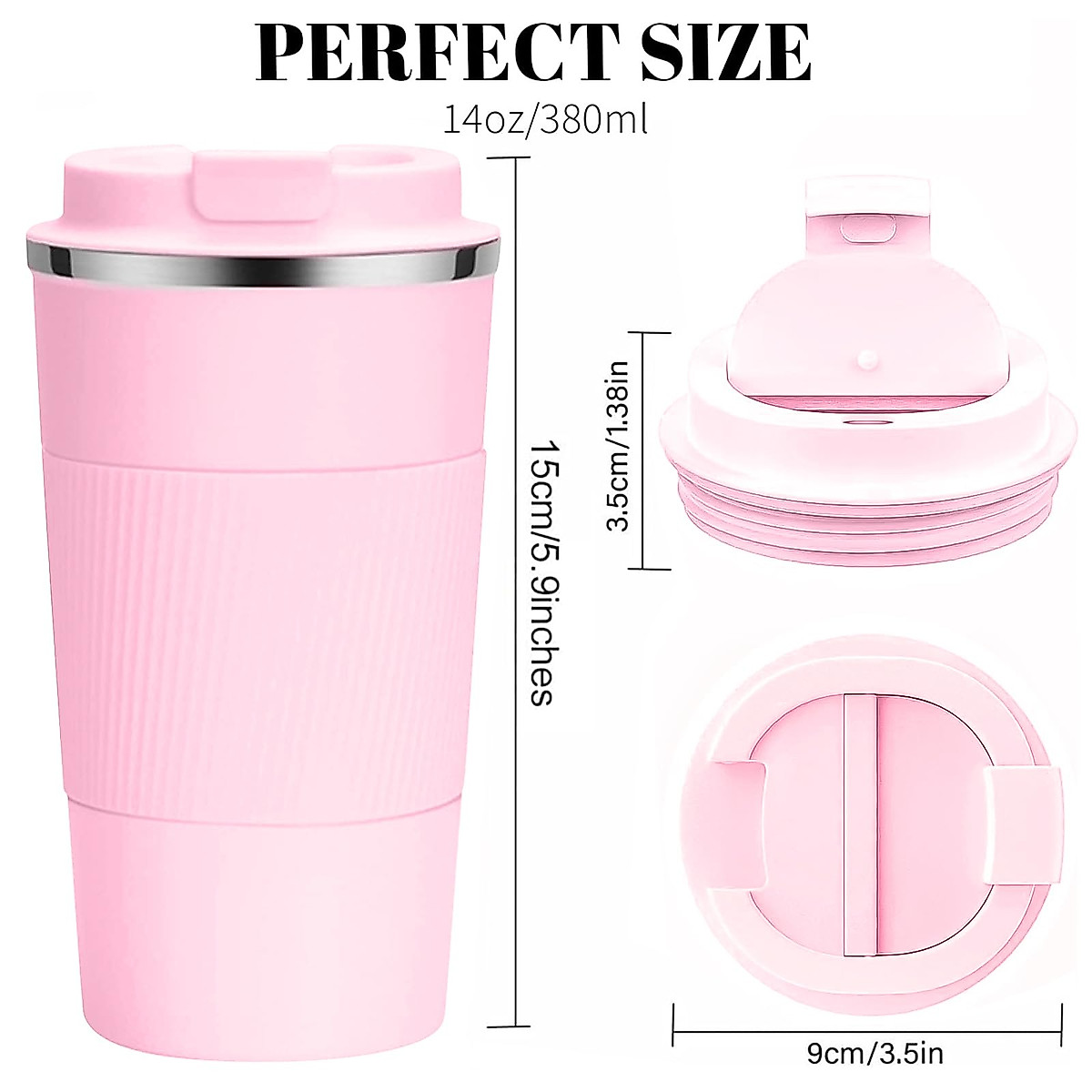 YINBAOGE Insulated Travel Coffee Mug Spill Proof Leak Proof Pobtable To Go Camping Stainless Steel Coffee Tumbler Reusable Coffee Cups with Lids Thermos for Hot and Cold Drink (Pink, 12 OZ)