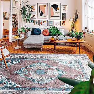 Living Room Rug 5x8 Area Rug for Bedroom Antique Red Floral Rug with Soft Memory Foam Layer Flower Rug No-Pile Carpets for Nursery Room Kids Room Dorm