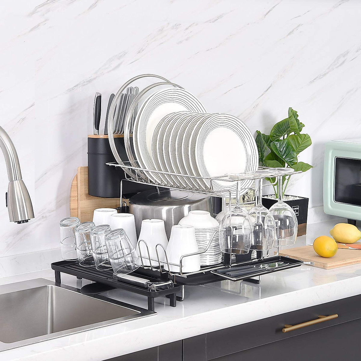 KINGRACK 2 Tier Dish Rack,304 Stainless Steel Dish Drainer,Large Capacity Dish Drying Rack with Drip Tray,Removable Cutting Board Wine Glasses Cups Holder for Kitchen,Medium Size