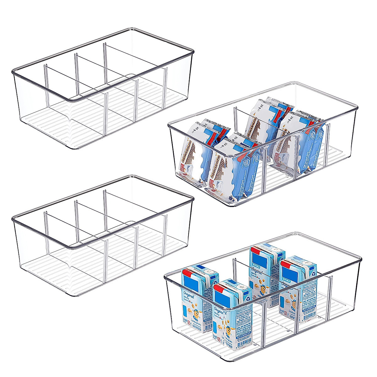 Vtopmart 4 Pack Food Storage Organizer Bins, Clear Plastic Storage Bins for Pantry, Kitchen, Fridge, Cabinet Organization and Storage, 4 Compartment Holder for Packets, Snacks, Pouches, Spice Packets
