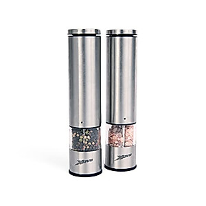 XOVO Electric Salt & Pepper Grinder Set - Battery Operated Stainless Steel Mill With LED Lighting - Electronic Adjustable Shakers - Ceramic Grinders - One Handed Automatic Operation - 2 Pack