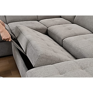 Eafurn 125'' U-Shaped Sectional Sleeper Right Storage Chaise Lounge and Pull Out Bed, 7-Seater Tufted Seat Oversized Sofa & Couches with Adjustable Headrest for Living Room, Light Gray