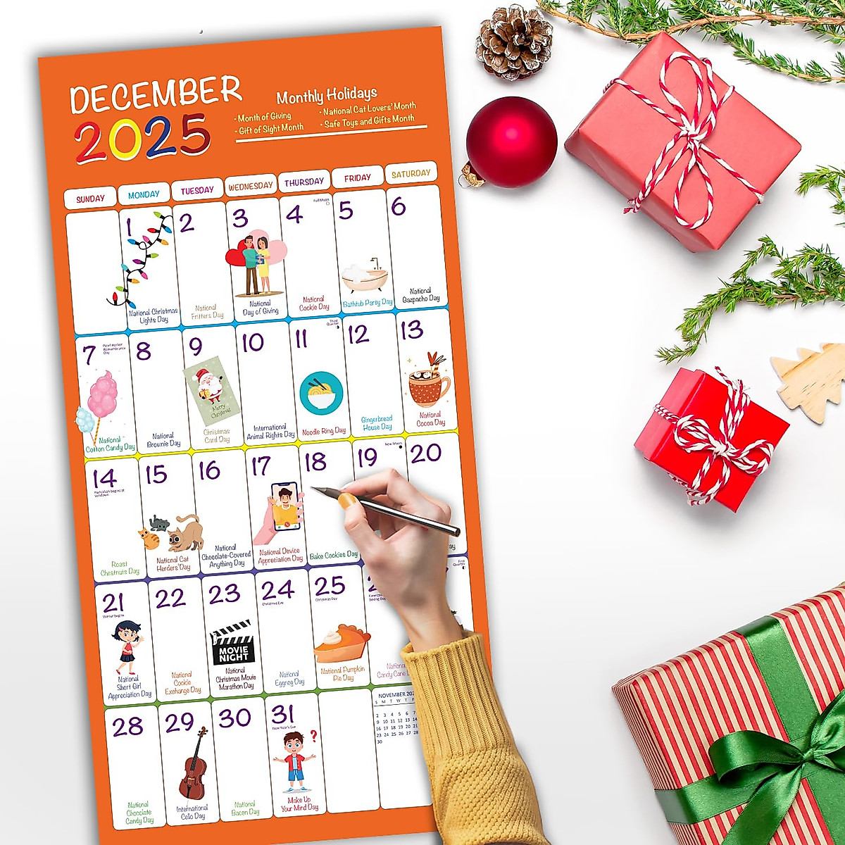 RED EMBER Every Day's An Amazing Holiday 2023 Hangable Monthly Wall Calendar | 12" x 24" Open | Kids Fun Funny | Perfect for Schools Teachers Classrooms | Big Grid Planners for Office