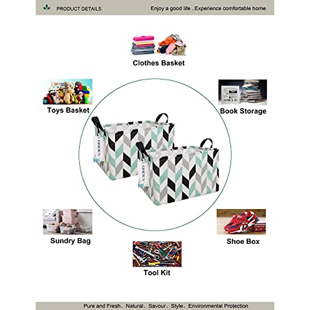 ONOEV 2 Pack Rectangular Fabric storage box,decorative basket and finishing basket with handle are used for the storage of clothes,books and sundries(2 Pack Green geometry)