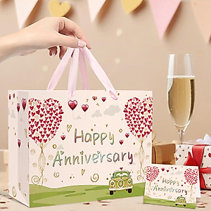RUMIA Anniversary Party Gift Bag Wedding Anniversary Wrapping Paper Bag with Tissue Paper Greeting Card Happy Anniversary Party Gift Wrap for Women Wife Christmas Wedding Anniversary Party Supplies