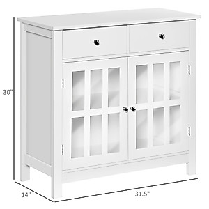 HOMCOM Sideboard Buffet Cabinet, Accent Kitchen Cabinet with Glass Doors, Adjustable Shelf and 2 Drawers for Kitchen, White
